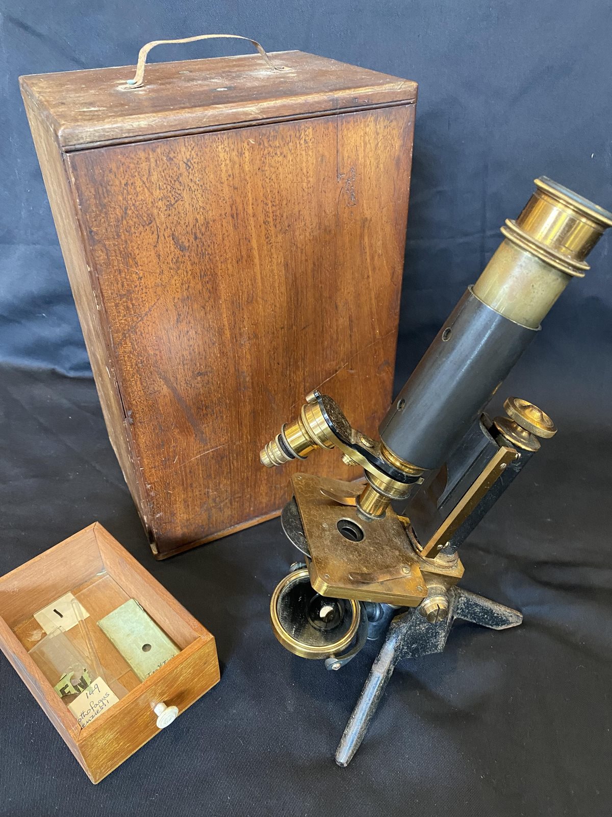 LACQUERED & BRASS MICROSCOPE, CAST TRIPOD STAND WITH BARREL ENGRAVED ...